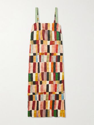 Alemais + Laurence Leenaert Marjorelle Midikleid Aus Einer Bedruckten Leinen-seidenmischung Mit Zierperlen - Orange