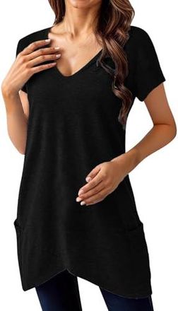 Generic Tunique &agrave; col en V avec poches pour femme - Coupe ample - Manches courtes - T-shirt long pour leggings - Travail et voyage - Doux et l&eacute;ger - Pour l&eacute;t&eacute;