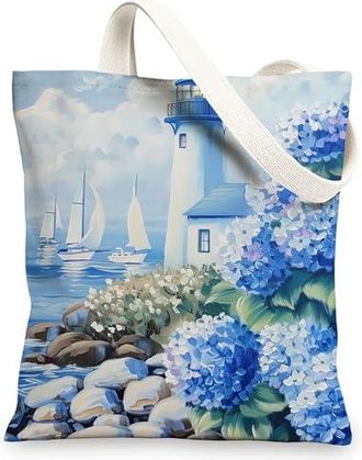 Generic Lighthouse Sacs fourre-tout en toile, motif floral, réutilisables, sacs dépicerie côtiers, vintage, légers et lavables, bleu, 13x15 Inch
