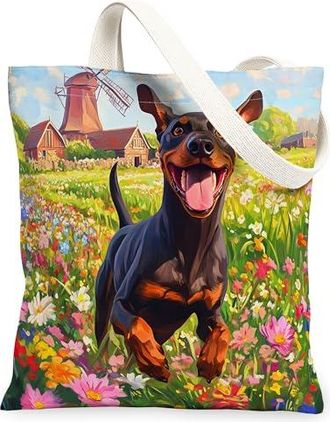 Generic Sac fourre-tout en toile motif chien doberman printanier 33 x 38,1 cm, sac d&eacute;picerie r&eacute;utilisable pour femme, motif floral, plage, esth&eacute;tique, peintur