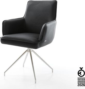 DELIFE Drehstuhl Heira-Flex mit Armlehnen Echt-Leder Schwarz Kreuzgestell konisch Edelstahl 180&deg; drehbar Taschenfederkern, Esszimmerst&uuml;hle