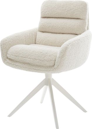 DELIFE Esszimmerstuhl Abelia-Flex mit Armlehnen Kreuzgestell breit Wei&szlig; Teddystoff Beige 360&deg; drehbar Wippfunktion