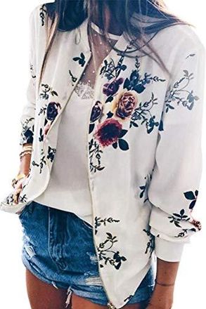 Minetom Blouson Bomber Femme Mode Manteau Mince Biker Moto Zipper Court Fleur Imprimer Veste Chic Printemps Été Blouson Court A Blanc XL