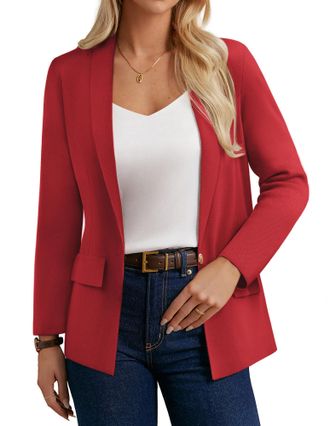 Grace Karin Strickjacke Damen Lang Elegant Strickblazer Langarm V-Ausschnit Cardigan mit Knopfleiste Rot XL