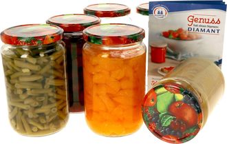 MamboCat 6er Set Einmachglas 720 ml I Rundgläser Einkochgläser mit Schraubdeckel I Twist Off to 82 I Aufbewahrungsgläser mit Deckel mit Obst-Dekor I inkl. Reze