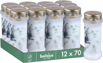 Bolsius Bolsius Grablicht - Weiß - 12 Stück - Länge Brenndauer 70 Stunden - Trauerkerze & Gedenkstätte Kerzen - Dauerbrenner - mit Motiv - Unparfümierte - Ohn