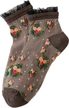 Generico Chaussettes florales &agrave; volants en dentelle, chaussettes transparentes ultra-fines pour femmes (5 paires), Coffee, Taille Unique