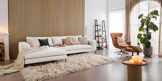 Studio Copenhagen home24 Ecksofa mit Longchair Beige Webstoff Caya 315 x 83 x 170cm Longchair davorstehend links mit Schlaffunktion ohne Hocker Modern
