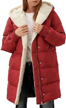 Generic Parka dhiver surdimensionn&eacute;e doubl&eacute;e Sherpa pour femme - Parka matelass&eacute;e en polaire chaude avec fermeture &eacute;clair - Avec capuche, Rouge, XXL