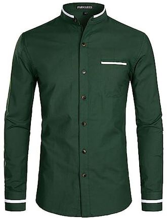 PARKLEES Chemise Oxford pour homme avec col grand-p&egrave;re et design hipster, coupe ajust&eacute;e &agrave; manches longues, style d&eacute;contract&eacute; boutonn&eacute; avec poche, S