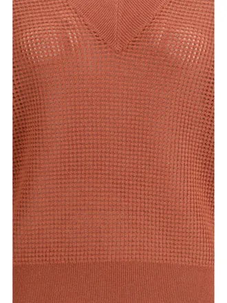 Brunello Cucinelli Womens Sweater Cashmere Net Orange Flame-Oyster Flame/oyster