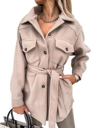 Generic Manteau dhiver long tendance pour femme avec col de chemise simple boutonnage avec ceinture et poches, beige, XXL