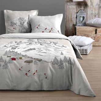 Lovely Casa Parure de lit 3 pi&egrave;ces ambiance montagne en coton Ecru 240x220 cm