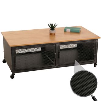 Mendler Couchtisch HWC-N28, Sofatisch, Rollen 2 F&auml;cher, 3D-Struktur Industrial Retro Metall Holz 45x120x60cm - schwarz, Natur