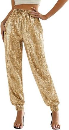 Generic Pantalon scintillant pour femme - &Eacute;lastique - Coupe haute - Brillant - Pantalon crayon d&eacute;contract&eacute; - Pantalon long - Tenue de vacances - Pyjama 3/4 po