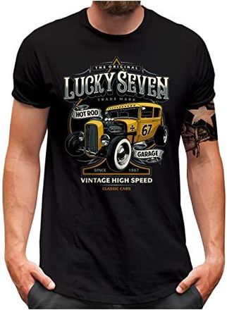 OM3 Lucky 7 T-shirt pour homme Oldschool Hot Rod Car Tuning Garage Tailles S &agrave; 4XL, Noir, 3XL