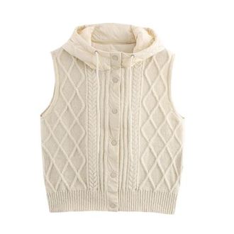 Generic Gilet matelass&eacute; &agrave; capuche en tricot pour femme, veste l&eacute;g&egrave;re rembourr&eacute;e sans manches pour femme, gilet chaud dhiver &agrave; capuche en tricot, beige, Taille