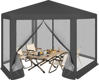 Woltu Woltu - Tonnelle de Jardin 3,8 x 3,3 m Pergola Jardin Ext&eacute;rieur avec Moustiquaire, Parois Lat&eacute;rales en Maille, Hexagone, Gris