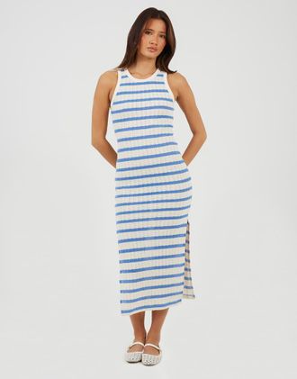 Brave Soul Robe longue sans manches en maille ray&eacute;e - Bleu