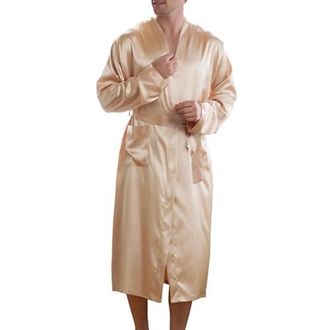 Generic Peignoir pour homme - Long - Doux pour la peau - En satin - Noir - &Eacute;l&eacute;gant - Avec poches - Peignoir de bain de sauna avec ceinture - Peignoir de voyag