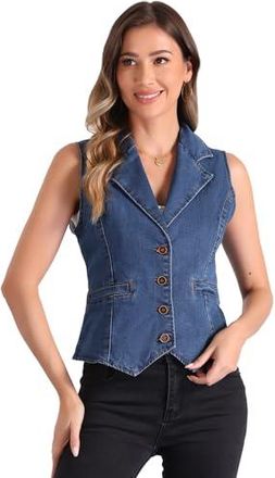 Allegra K Gilet en Jean Femme Veste en Denim Décontractée Sans Manches à Revers Crantés Col en V Blouson Boutonné Vintage Bleu S