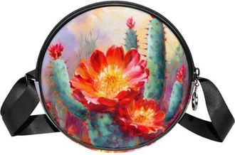 Generic Sac &agrave; bandouli&egrave;re rond pour femme, motif cactus rouge, petit sac &agrave; bandouli&egrave;re avec fermeture &eacute;clair, bretelles r&eacute;glables, sac &agrave; main rond d&eacute;contract&eacute;