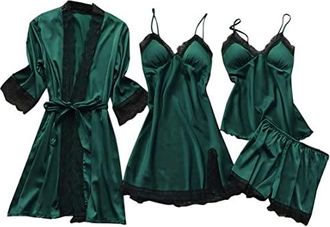 Minetom Ensembles de Pyjama 4 Pièces Femme Satin Peignoir Vêtements de Nuit Dentelle Col V Débardeur et Shorts Robe et Kimono A Vert XL