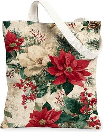 Generic Sacs fourre-tout en toile motif floral de No&euml;l, sacs d&eacute;picerie r&eacute;utilisables, sacs d&eacute;picerie rustiques, lavables en toile pour lhiver, Rouge, 13x15 In