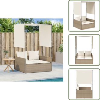 vidaXL Doppel-Sonnenliege mit Dach und Vorh&auml;ngen Beige Poly Rattan - Doppel-Sonnenliege - Gartenliege - Liege Im Freien - Sonnenschirm - Outdoor M&ouml;bel - The
