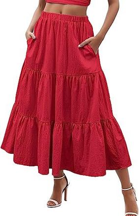 Generic Jupe Hawaienne Femme Taille &eacute;Lastique- Jupe Boheme Grande Taille-Jupe Plissee Femme avec Poche Couleurs Pures A-Ligne Midi Jupe Casual Pas Cher Dress 