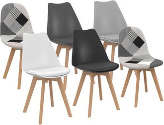 IDMarket Lot de 6 chaises scandinaves SARA Gris fonc&eacute;, Gris Clair, Blanc, Noir et patchworks Noirs, Gris et Blancs