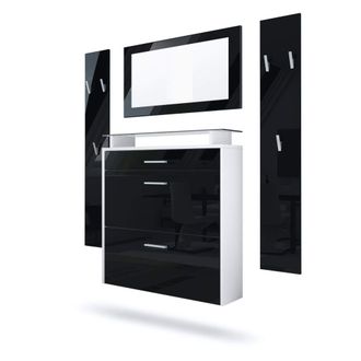 Vladon Garderobe Malea, Garderobenset bestehend aus 1 H&auml;ngeschuhschrank, 1 Wandspiegel und 2 Garderobenpaneele, Wei&szlig; matt/Schwarz Hochglanz