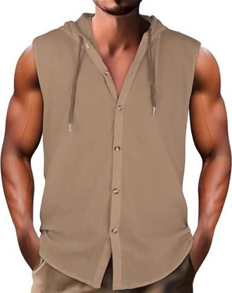 Generic Chemise en lin pour homme, grande taille sans manches, chemise boutonn&eacute;e, l&eacute;g&egrave;re et respirante, gilet athl&eacute;tique, coupe d&eacute;contract&eacute;e, d&eacute;bardeur d&eacute;t&eacute; c