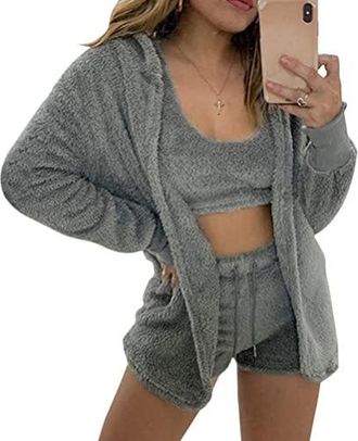 Minetom 3Pcs Femmes Pyjamas Vêtements De Nuit Douces Peignoir Shorts Hiver Flanelle Ensembles De Vêtements De Nuit Gris Foncé M