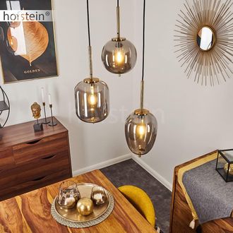 HOFSTEIN Pendelleuchte Verbania, moderne Deckenlampe aus Metall/Glas in Messing/Rauchglas, Hängeleuchte im Vintage-Design m. Glasschirmen, 3-flammig, 3 x E14, 
