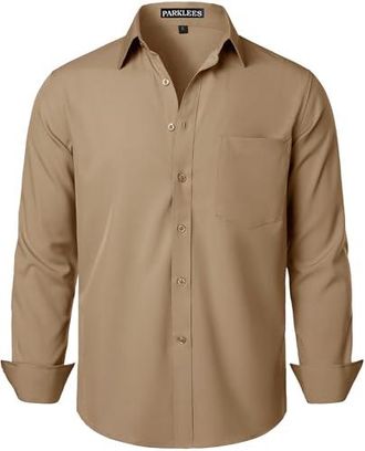 PARKLEES Chemise habillée à manches longues pour homme - Coupe classique - Sans plis - Style décontracté - Avec poche, kaki foncé, XXL