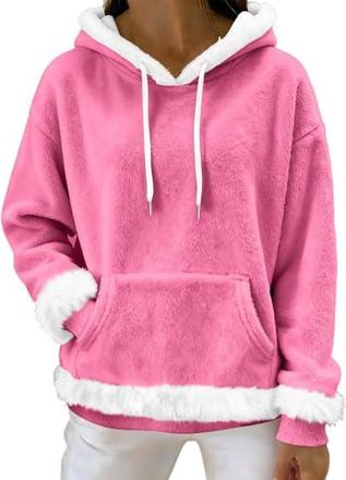 Generic Sweat &agrave; capuche en polaire avec bordure en fausse fourrure pour femme - Pull dhiver chaud uni doux avec poche, rose vif, L