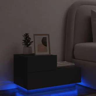 vidaXL Vidaxl - Table de chevet noir avec lumi&egrave;res LED - Bois ding&eacute;nierie - Dimensions 70x36x40,5 cm - Espace de rangement optimis&eacute;