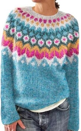 Generic Nouveau pull islandais pour femme, tunique nordique, haut à col rond, pull doux, léger et équitable pour femme, pull chaud pour lautomne et lhiver, pu