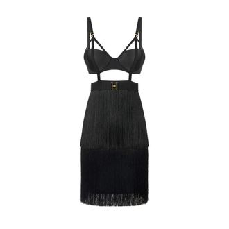 Elisabetta Franchi Femme, Robes, Noir, Taille: 38 FR Mini-robe en cr&ecirc;pe l&eacute;ger &agrave; franges