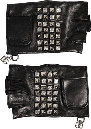 Dolce & Gabbana Black Leather Studded Fingerless Hand Mitten Men Gloves Lamb