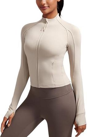 CRZ YOGA Butterluxe Femme Veste de Sport Courte Fermeture &Eacute;clair Int&eacute;grale Manches Longues avec Trous de Pouce Bronzage Mojave 38