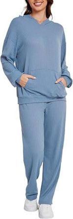 Generic Ensemble de pyjama pour femme, couleur unie, col rond, v&ecirc;tements de nuit longs et pantalon taille &eacute;lastique, ample, confortable, v&ecirc;tements de nuit &agrave; l