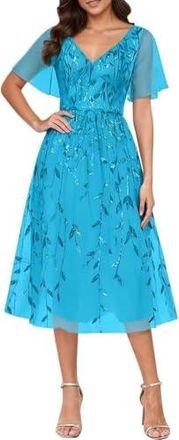 Generic Robe de soir&eacute;e formelle en tulle &agrave; paillettes pour femme Longueur th&eacute; M&egrave;re de la mari&eacute;e, turquoise, 56 Grande taille