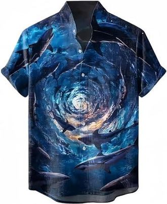 Keephen Hommes col Stand Chemises &agrave; Manches Courtes Mode 3D imprim&eacute; Requin Motif Bouton en Bas Chemise Hawaii &eacute;t&eacute; Casual Tops Blouse de Rue ext&eacute;rieure