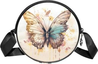 Generic Sac &agrave; bandouli&egrave;re rond pour femme, motif papillon vintage, petit sac &agrave; bandouli&egrave;re avec fermeture &eacute;clair, bretelles r&eacute;glables, sac &agrave; main rond d&eacute;contr