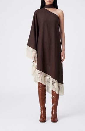 Taller Marmo Asymmetrisches One-Shoulder-Midikleid aus Leinen mit Fransen