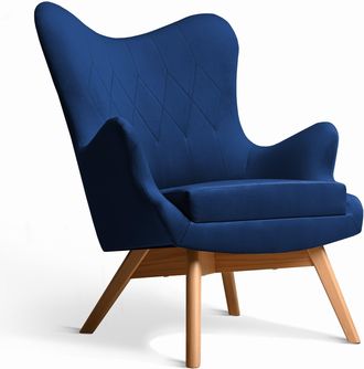 MG Design Ohrensessel aus Samt in Marineblau - Bequemer Polstersessel mit Holzbeinen, hoher R&uuml;ckenlehne & weichem Samtbezug f&uuml;r Wohnzimmer oder Schlafzimme