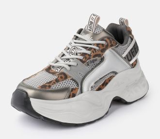 Buffalo Plateausneaker BUFFALO Yuno one, Damen, Gr. 39, bunt (wei&szlig;, silberfarben, leo), Lederimitat, Textil, metallic, Schuhe Plateausneaker, Halbschuh, Schn&uuml;