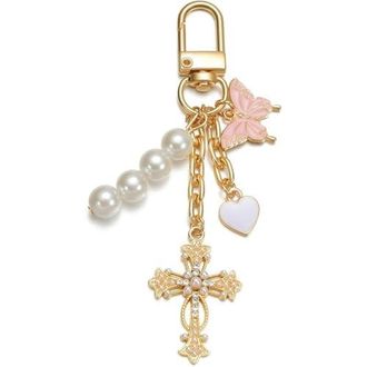 Generic Porte-cl&eacute;s &eacute;l&eacute;gant en forme de croix avec breloques en forme de coeur et papillon rose, strass &eacute;tincelants et perles, breloque dor&eacute;e pour sac &agrave; main, 